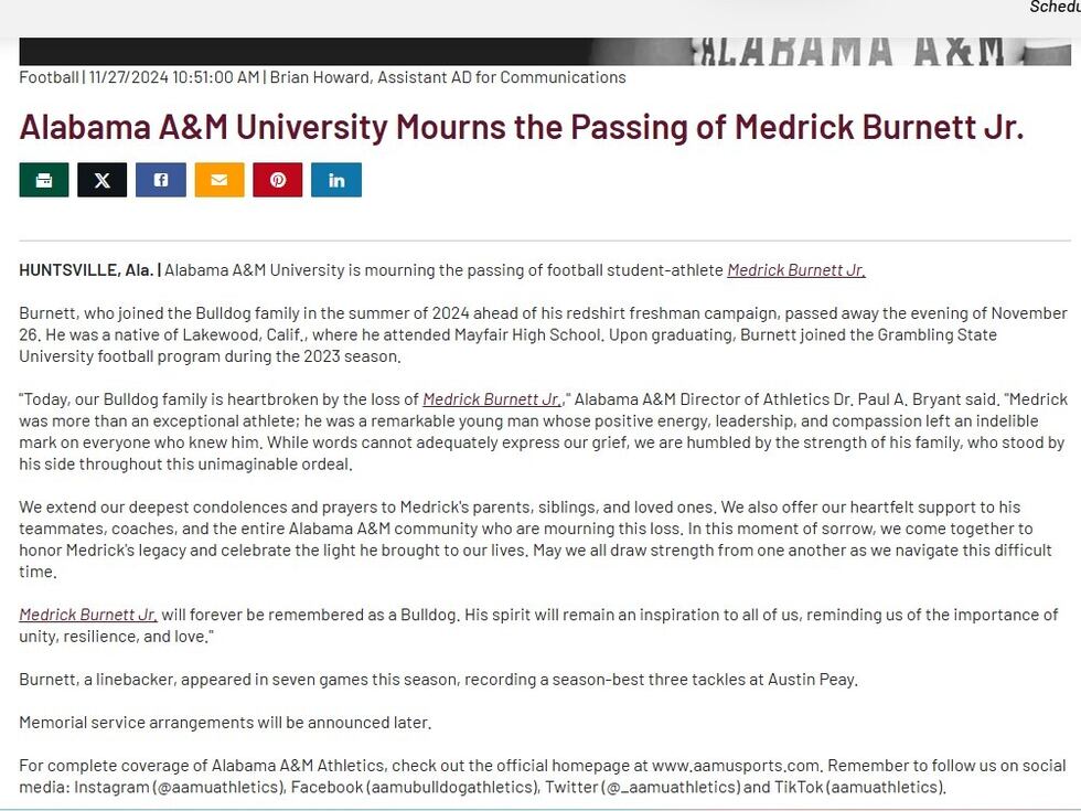 Alabama A&M linebacker Medrick Burnett Jr. remains in the hospital Alabama A&M linebacker Medrick Burnett Jr. remains in the hospital
